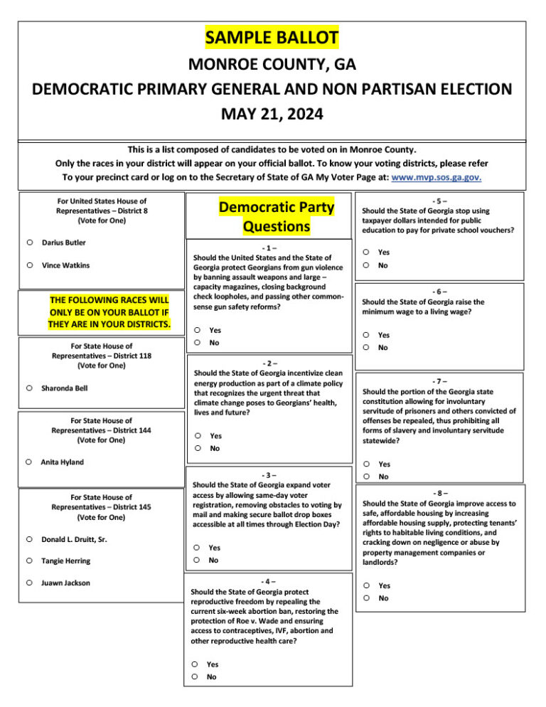 Democratic Sample Ballot for the May 21, 2024 Primary Election – Monroe County, Georgia